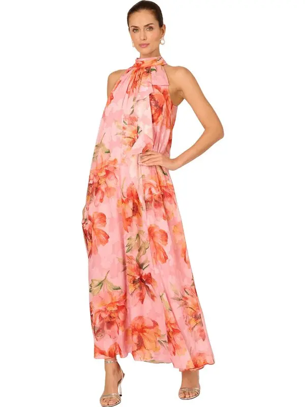 Adrianna Papell Floral Chiffon Trapeze Halter Gown - Pink Multi