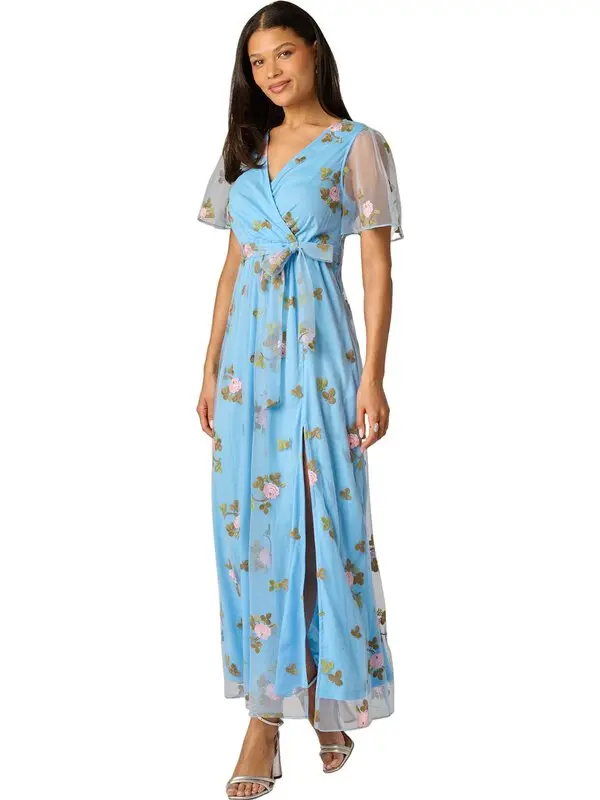 Adrianna Papell Floral Embroidered Maxi Dress With Flutter Sleeves - Light Blue Multi