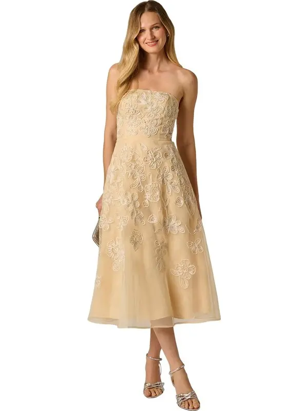 Adrianna Papell Strapless Floral Embroidered Organza Midi Dress - Maize