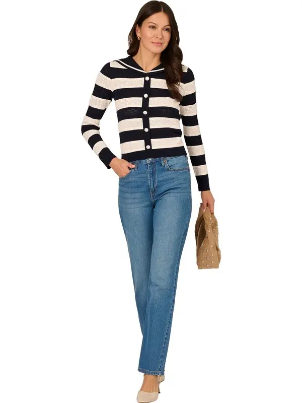 Adrianna Papell Striped Open Knit Cardigan With Sailor Collar - Blue Moon/ivory