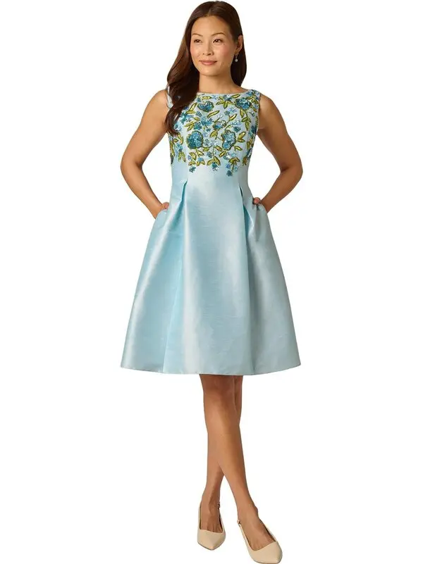 Adrianna Papell Floral Beaded Shantung Fit And Flare Dress - Sky Multi