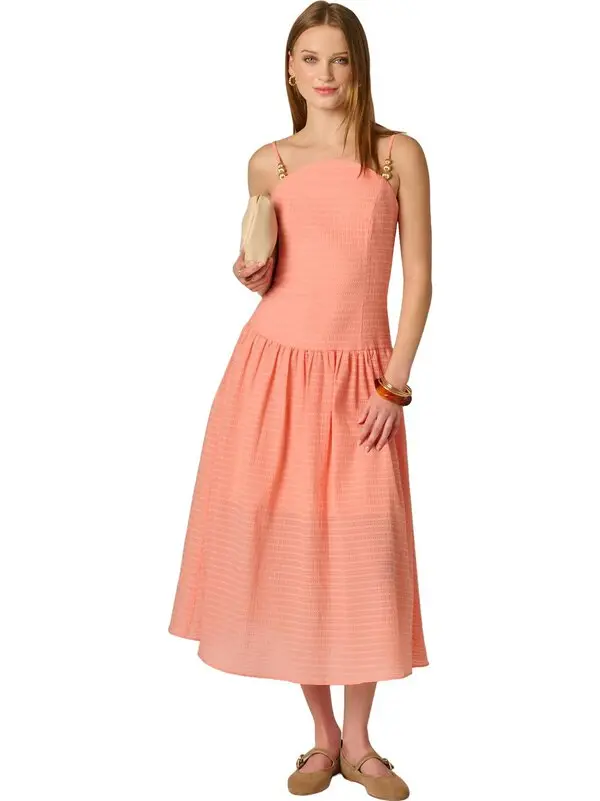 Adrianna Papell Seersucker Beaded Strap Midi Dress - Coral