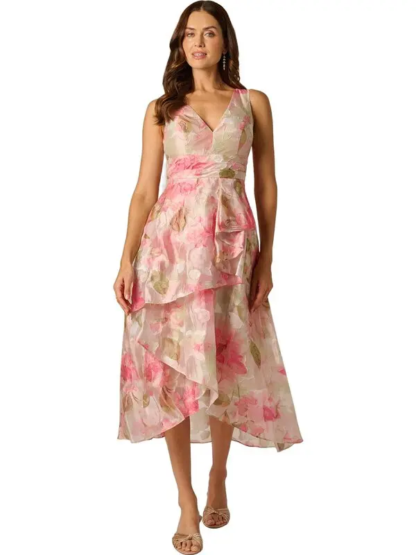 Adrianna Papell Floral Organza Cascade High Low Midi Dress - Sage Multi
