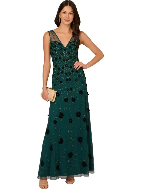 Adrianna Papell Velvet Floral Beaded Gown With Sheer Tank Straps - Gem Green