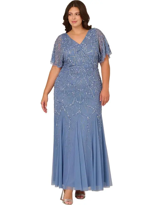 Adrianna Papell Flutter Sleeve Beaded Gown - French Blue