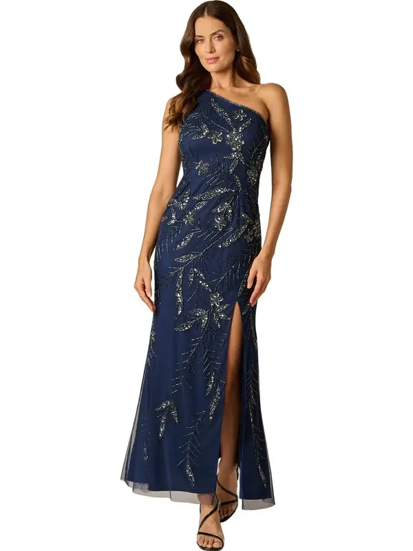 Adrianna Papell One-shoulder Floral Embellished Gown - Light Navy