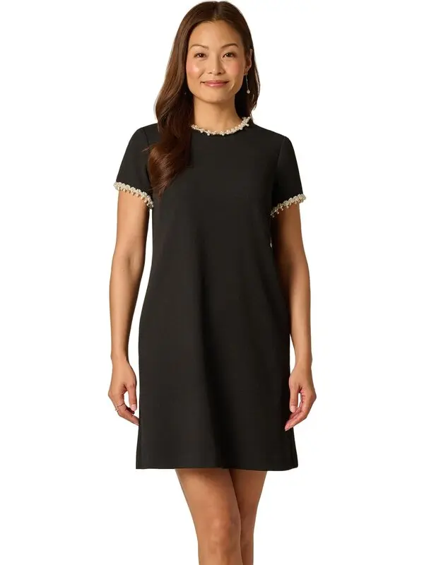 Adrianna Papell Stretch Crepe Pearly Short Shift Dress - Black/ivory