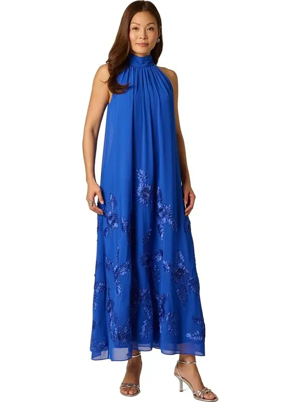 Adrianna Papell Georgette Soutache Embroidery Trapeze Halter Gown - Brilliant Sapphire