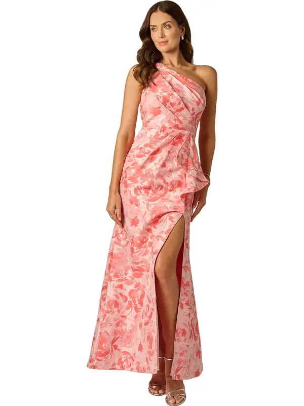 Adrianna Papell One Shoulder Floral Jacquard Draped Gown - Coral Multi