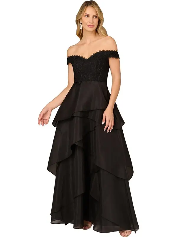 Aidan Mattox Strapless Organza Ball Gown With Off-the-shoulder Neckline - Black