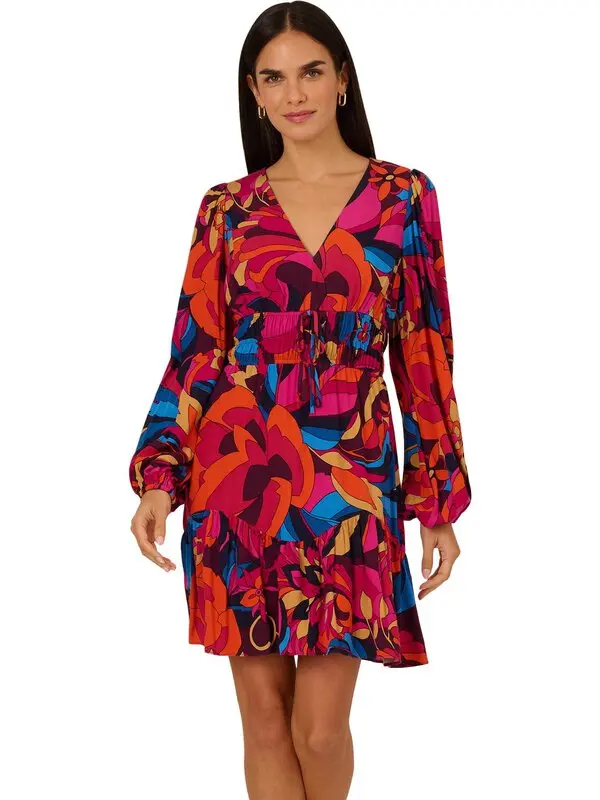 Adrianna Papell Retro Floral Print Shirred Dress - Berry Multi