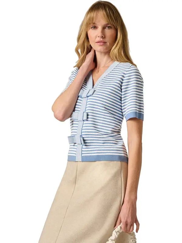 Adrianna Papell Short Sleeve Bow Pullover Sweater - Classic Blue/ivory