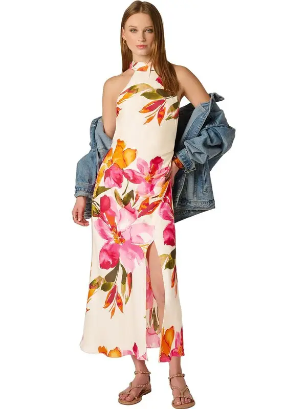 Adrianna Papell Floral Printed Halter Midi Dress - Champagne Multi