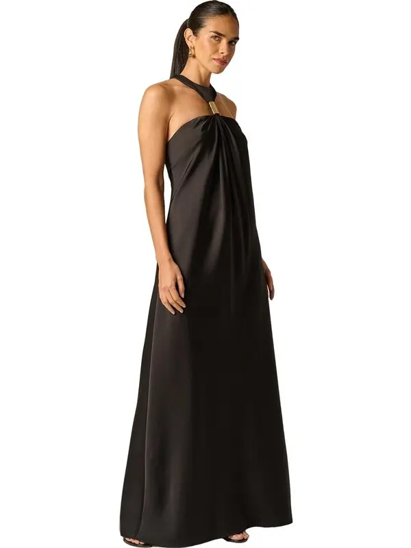 Adrianna Papell Stretch Satin Hardware Halter Collar Gown - Black