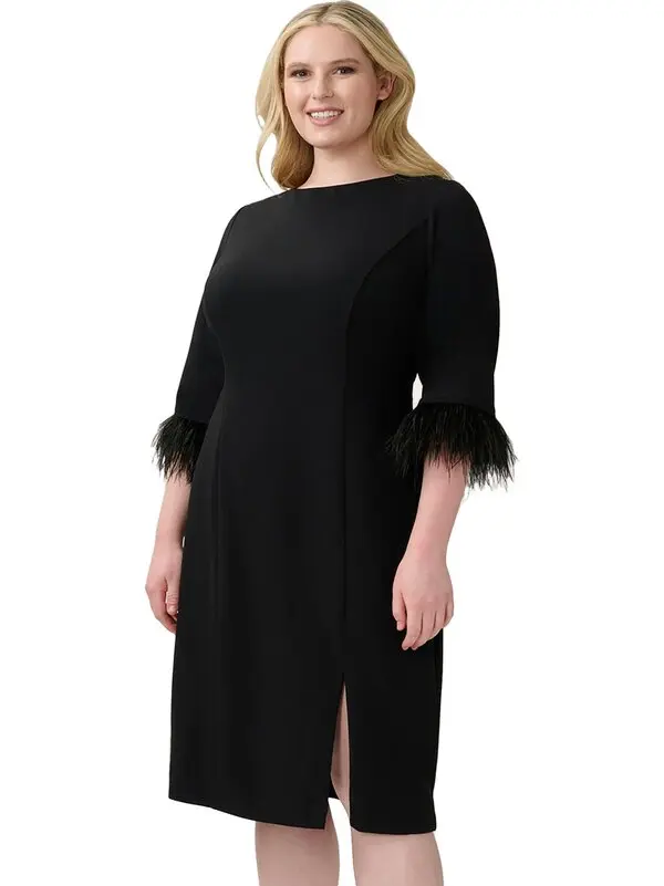 Adrianna Papell Crepe Sheath Dress With Feather Trim - Black