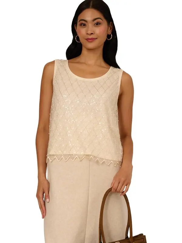 Adrianna Papell Sequin Beaded Tank Top - Almond Cream