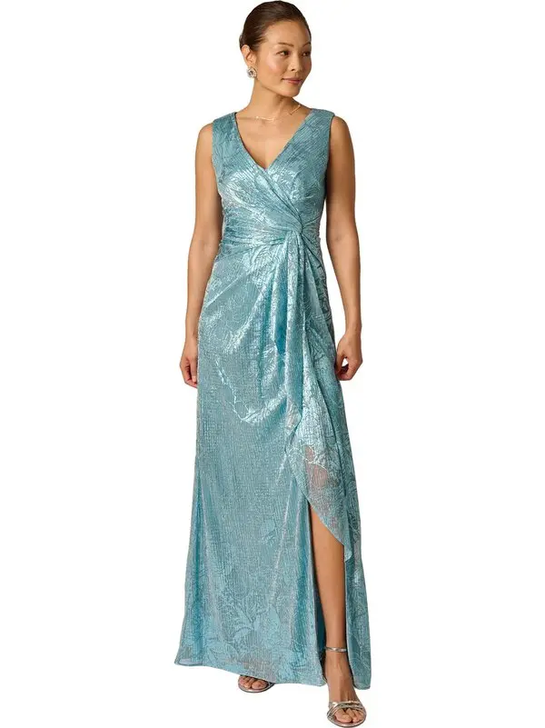 Adrianna Papell Crinkle Metallic Floral Draped Gown - Blue