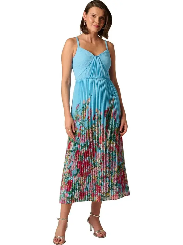 Adrianna Papell Pleated Wildflower Border Midi Dress - Light Blue Multi