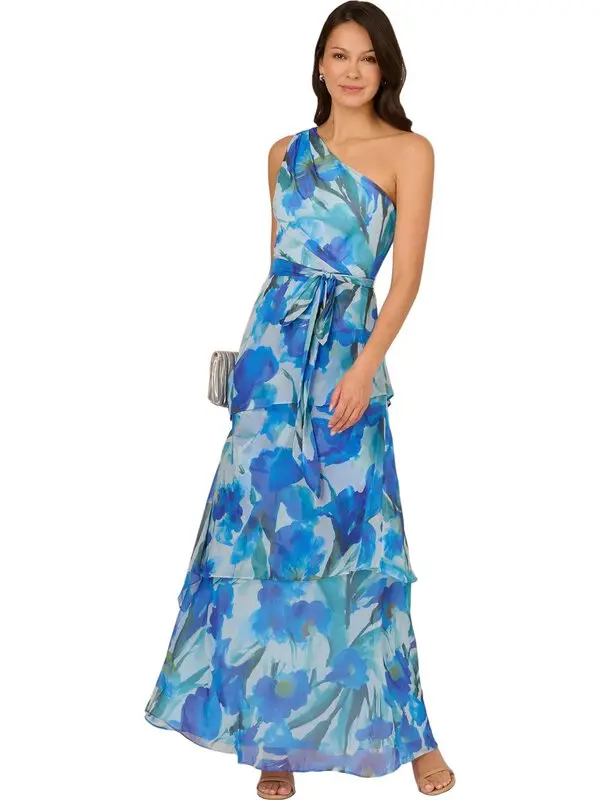 Adrianna Papell One-shoulder Floral Chiffon Gown - Blue Multi