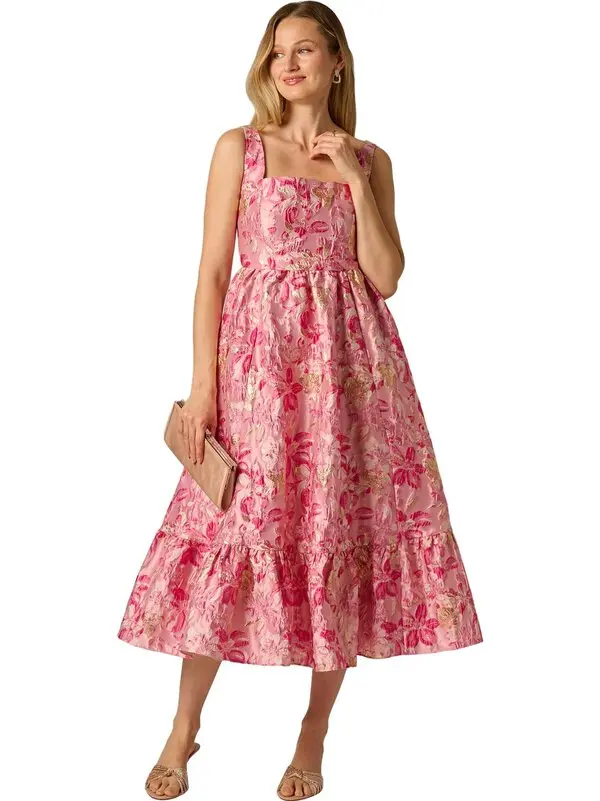 Adrianna Papell Metallic Floral Jacquard Ruffle Midi Dress - Pink Multi