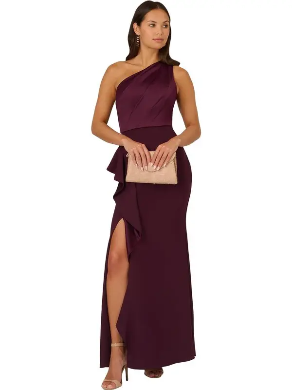 Adrianna Papell One-shoulder Long Satin Crepe Mermaid Gown - Bordeaux Glow