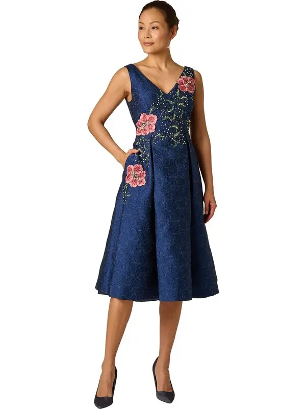 Adrianna Papell Floral Beaded Fit And Flare Midi Dress - Midnight Multi