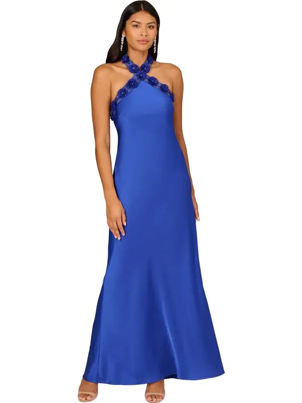 Aidan Mattox Satin Floral Beaded Halter Mermaid Gown - Deep Sapphire