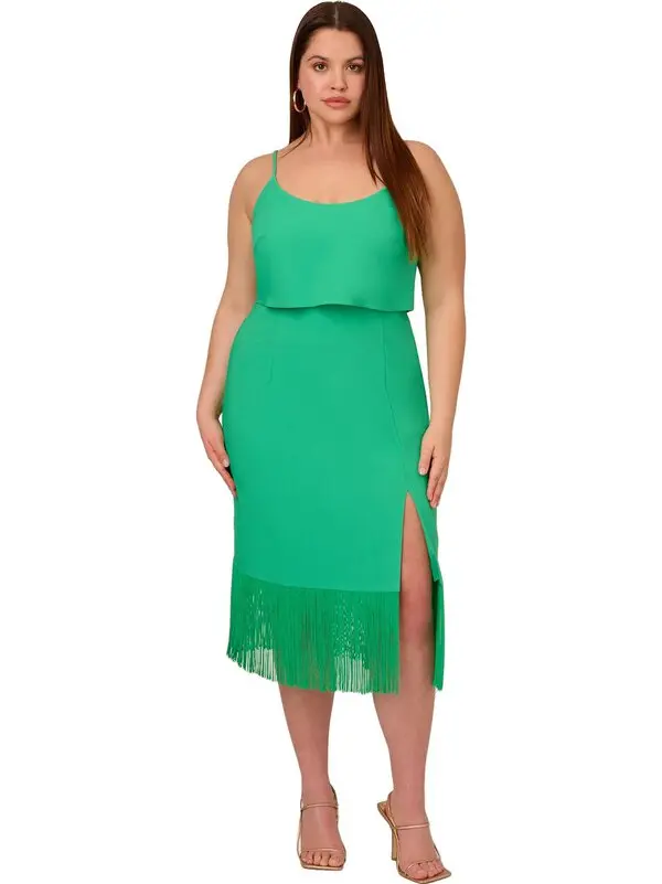 Adrianna Papell Stretch Crepe Popover Midi Dress With Fringe Hem - Summer Green
