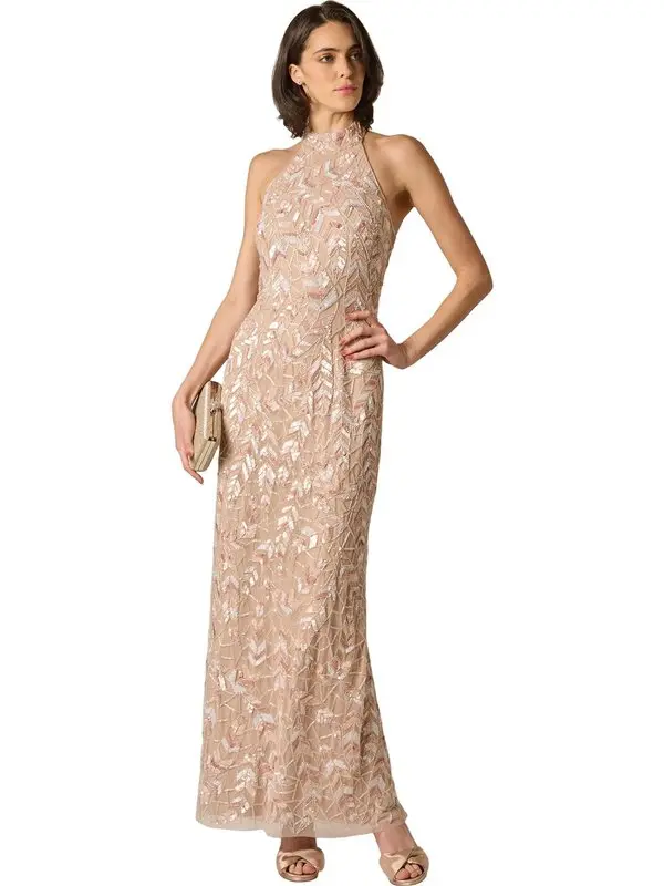 Aidan Mattox Sequin Beaded Leaf Halter Gown - Rose Quartz
