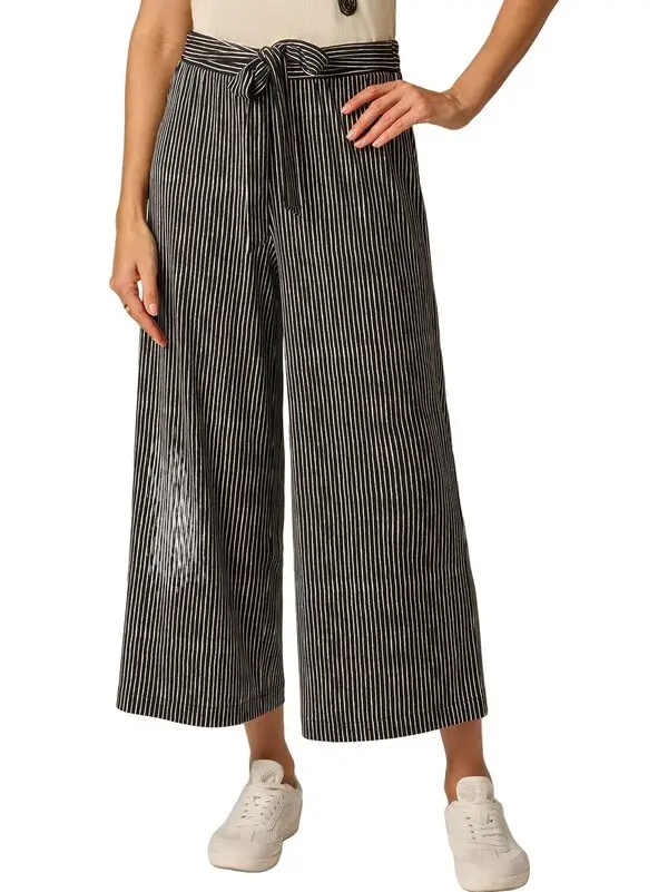 Adrianna Papell Wide Leg Cropped Tie Belt Pants - Black Ripple Stripe