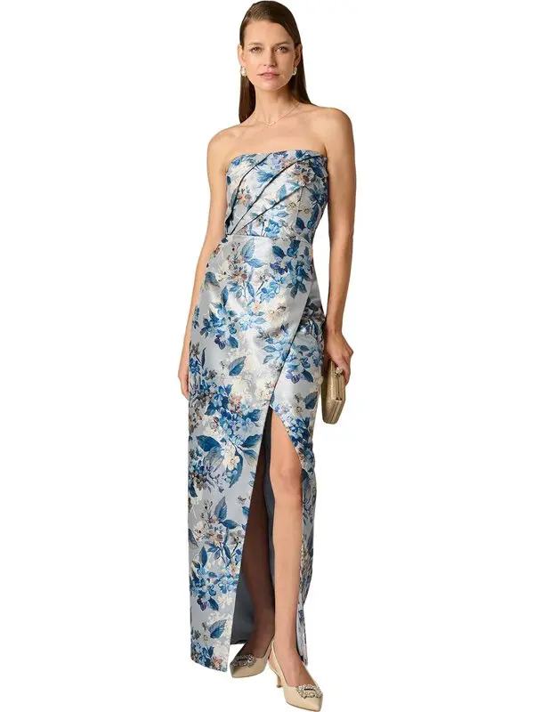 Aidan Mattox Strapless Pleated Floral Jacquard Wrap Gown - Blue Multi