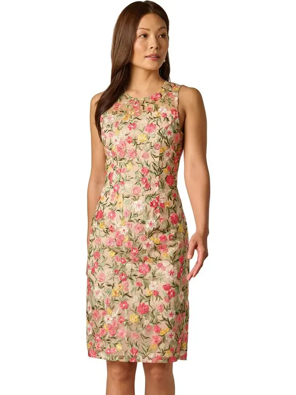 Adrianna Papell Floral Embroidered Illusion Sheath Dress - Coral Multi