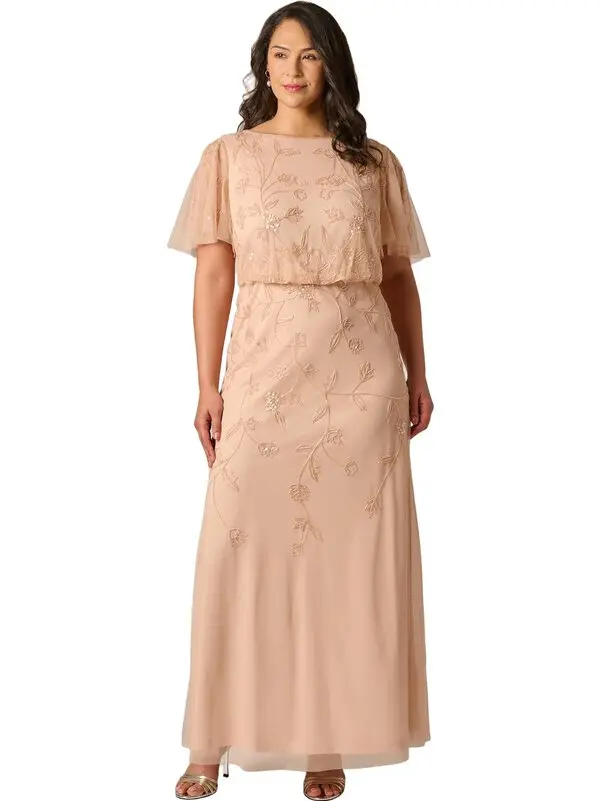 Adrianna Papell Flutter Sleeve Blouson Beaded Gown - Blush