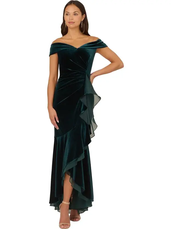 Adrianna Papell Off-the-shoulder Velvet Mermaid Gown With Organza Ruffle - Hunter