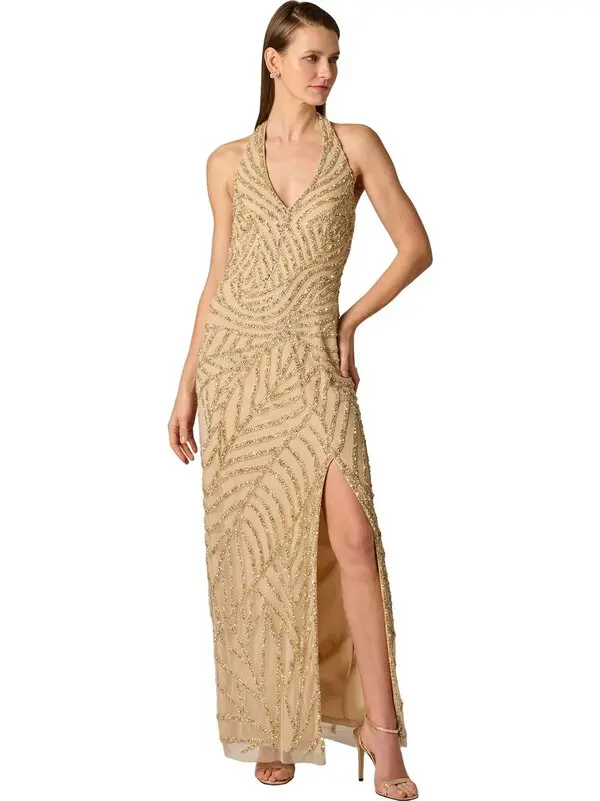 Aidan Mattox Sunburst Art Deco Beaded Gown - Gold