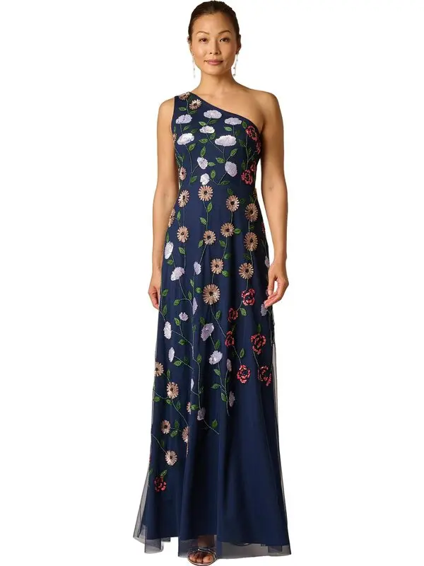 Adrianna Papell One-shoulder Floral Beaded Gown - Navy Multi
