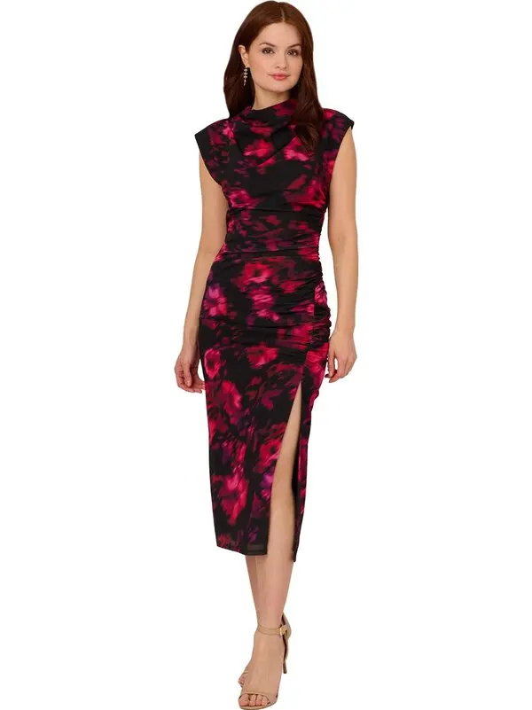 Adrianna Papell Floral Print Jersey Ankle Length Dress - Black/pink Multi