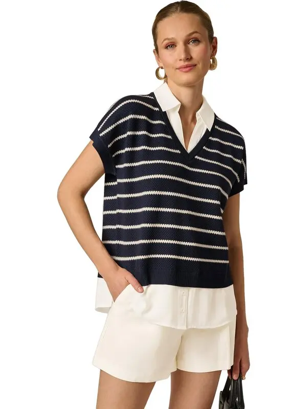 Adrianna Papell Short Sleeve Twofer Sweater - Navy/ivory W/ Ivory