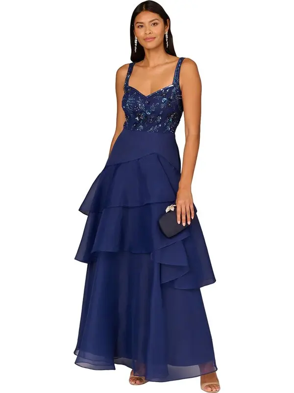 Aidan Mattox Tiered Organza Gown With Beaded Bodice - Navy