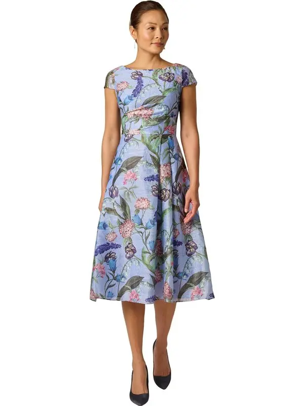 Adrianna Papell Cap Sleeve Floral Jacquard A-line Midi Dress - Blue Multi