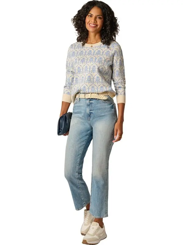 Adrianna Papell Crew Neck Floral Pullover Sweater - Classic Blue Linear Damask