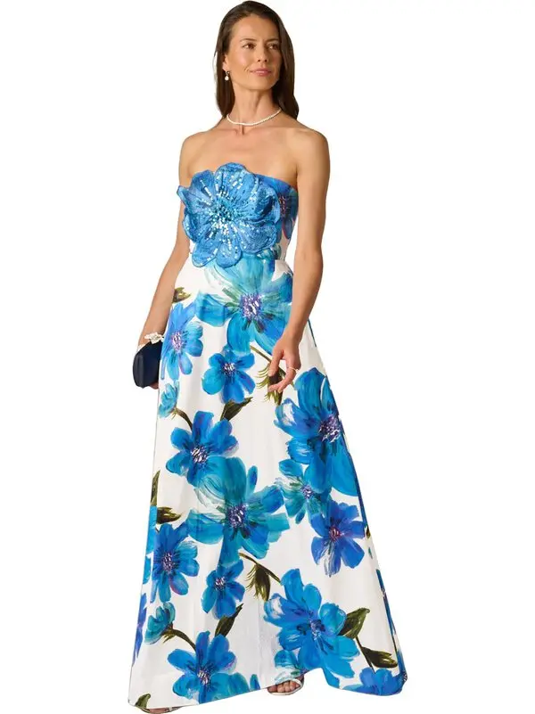 Adrianna Papell Strapless 3d Floral Beaded Dupioni Gown - Ivory/blue Multi