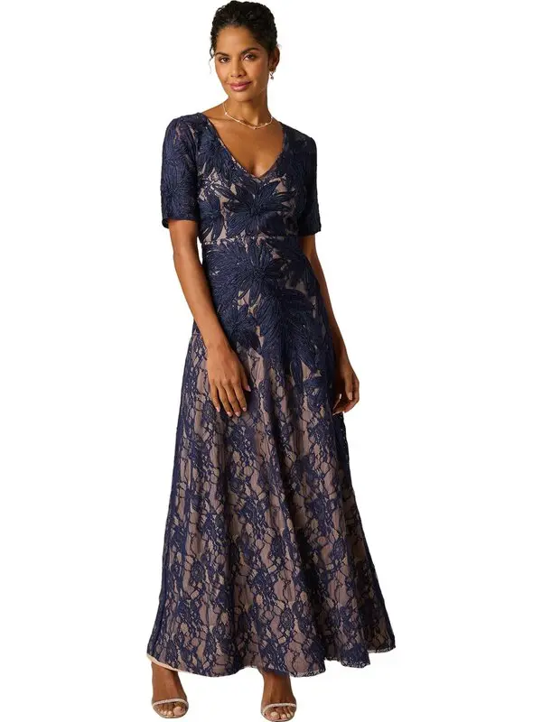 Adrianna Papell Short Sleeve Lace Soutache Embroidery Gown - Navy/nude