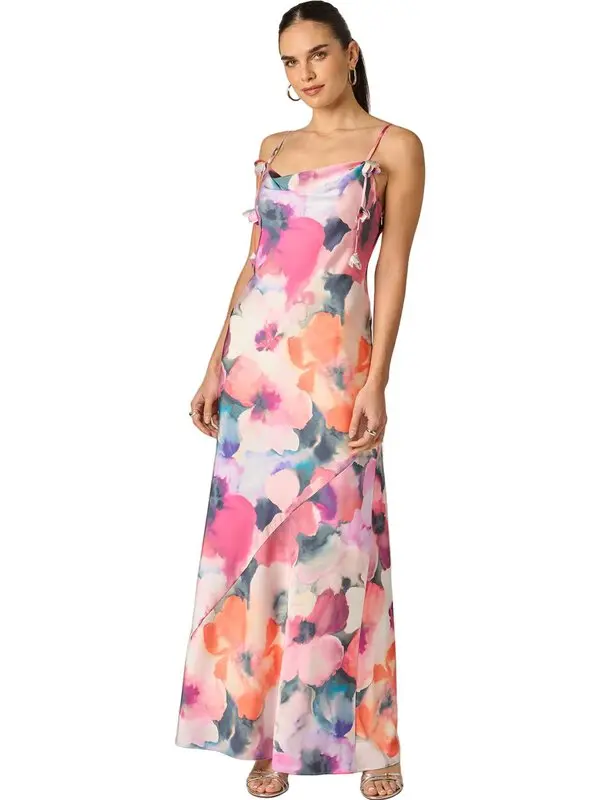 Adrianna Papell Floral Sateen Gown With Cowl Neck - Pink/orange Multi