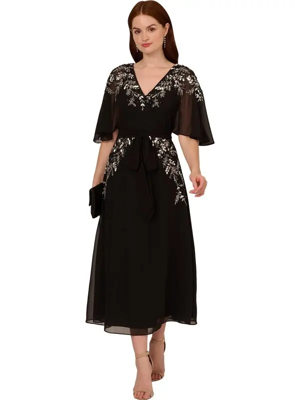Adrianna Papell Beaded Chiffon Ankle Length Gown With Dolman Sleeves - Black