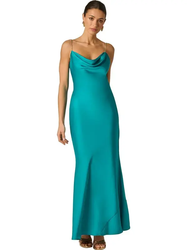 Adrianna Papell Stretch Satin Cross Back Cowl Neck Gown - Turquoise