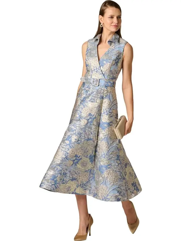 Aidan Mattox Hydrangea Floral Jacquard Collared Midi Dress - Blue Multi