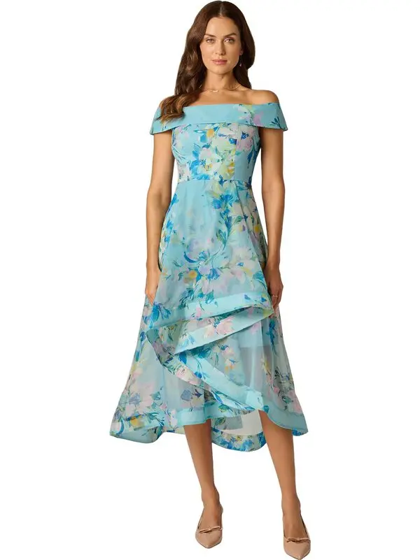 Adrianna Papell Off-shoulder Floral Organza High-low Midi Dress - Blue Multi