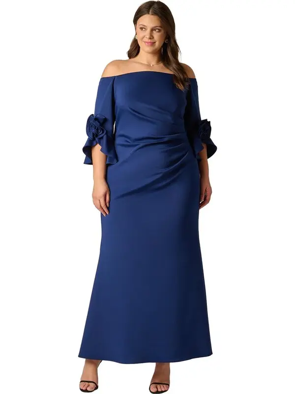 Adrianna Papell Off-shoulder Bell Sleeve Rosette Gown - Navy Sateen