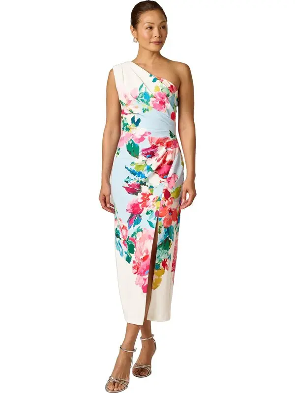 Adrianna Papell One Shoulder Floral Twill Midi Dress - Blue Multi